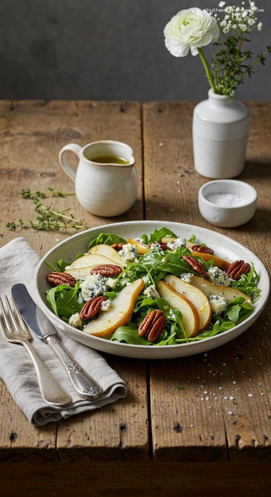Arugula And Pear Salad With Blue Cheese And Candied Pecans Rhythm Of