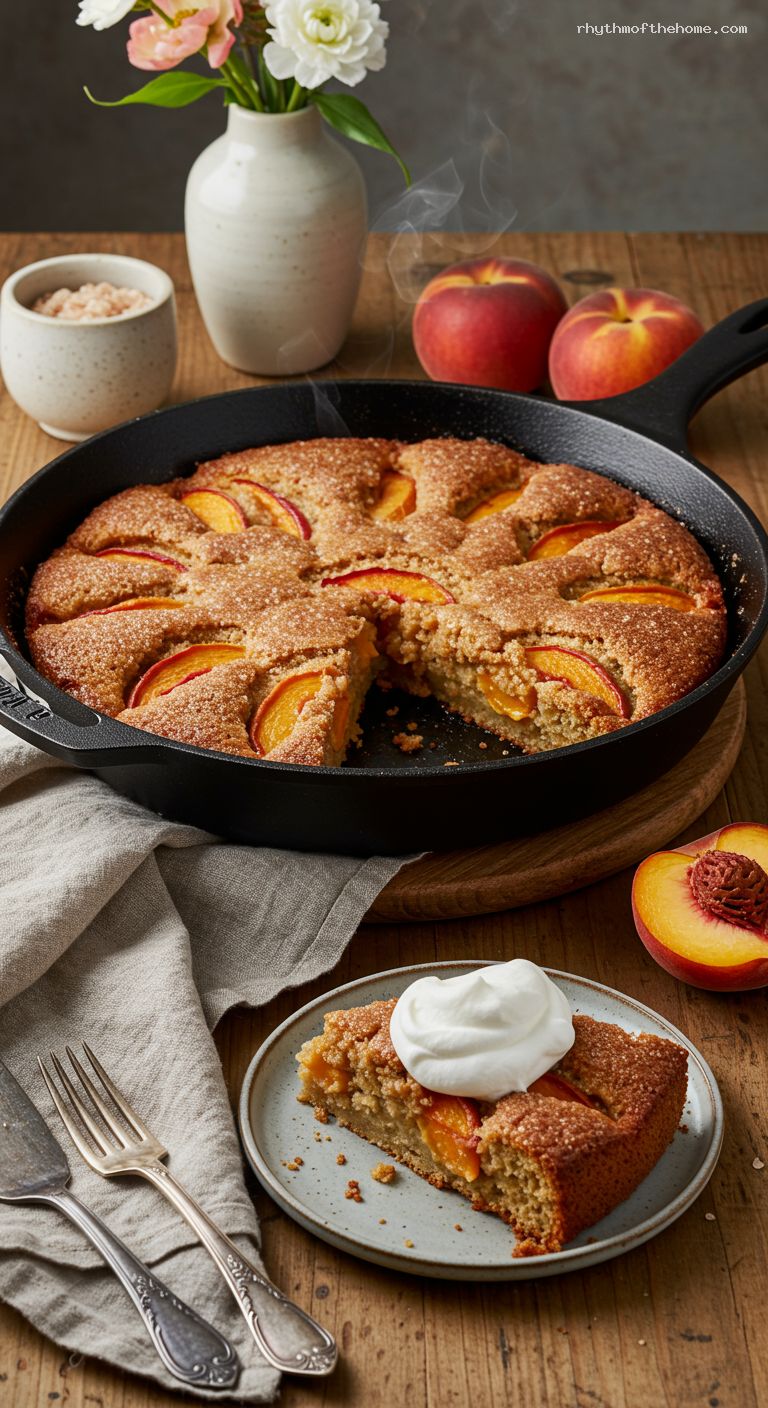 Brown Sugar Peach Skillet Cake with Vanilla Whipped Cream – Rhythm of ...