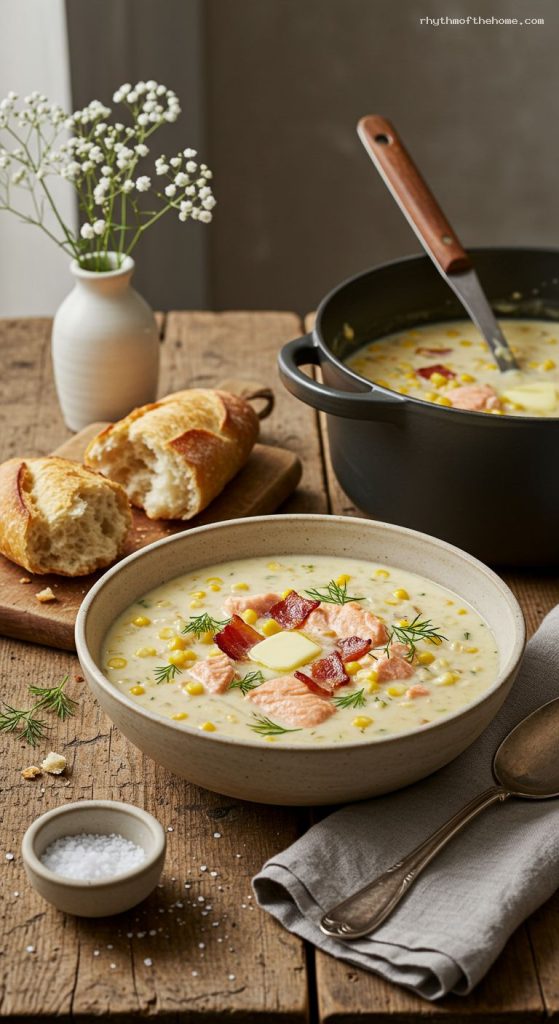 Creamy Corn And Salmon Chowder With Bacon And Dill Rhythm Of The Home