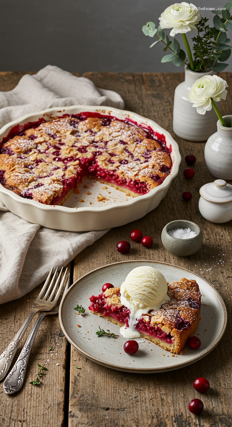 Crustless Nantucket Cranberry Pie with Almond and Vanilla Ice Cream ...