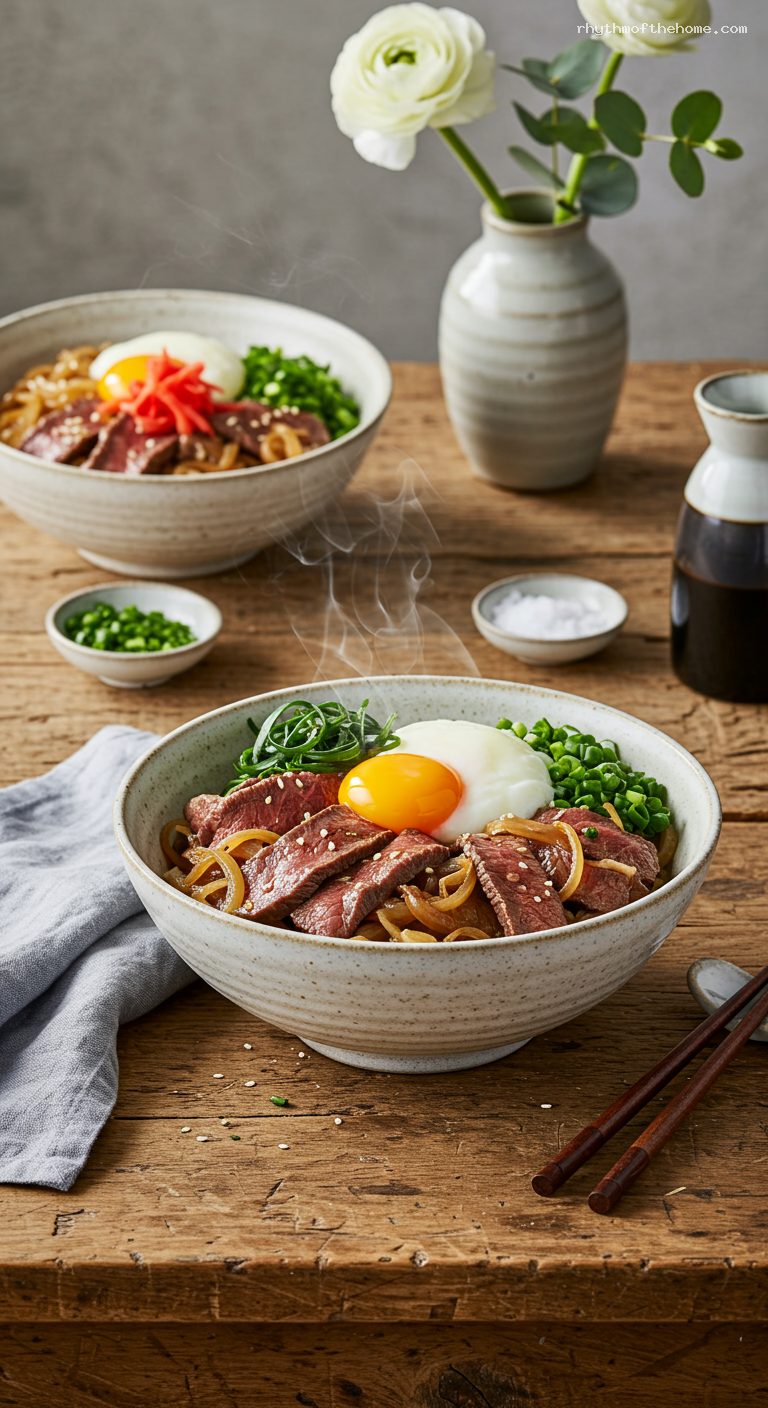 Quick Gyudon Beef Bowl with Soft Egg – Rhythm of the Home