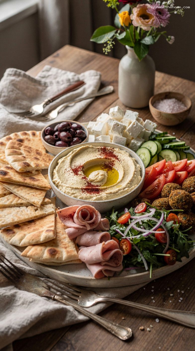 Easy Mezze Snack Plate Dinner Board with Hummus and Pita – Rhythm of ...