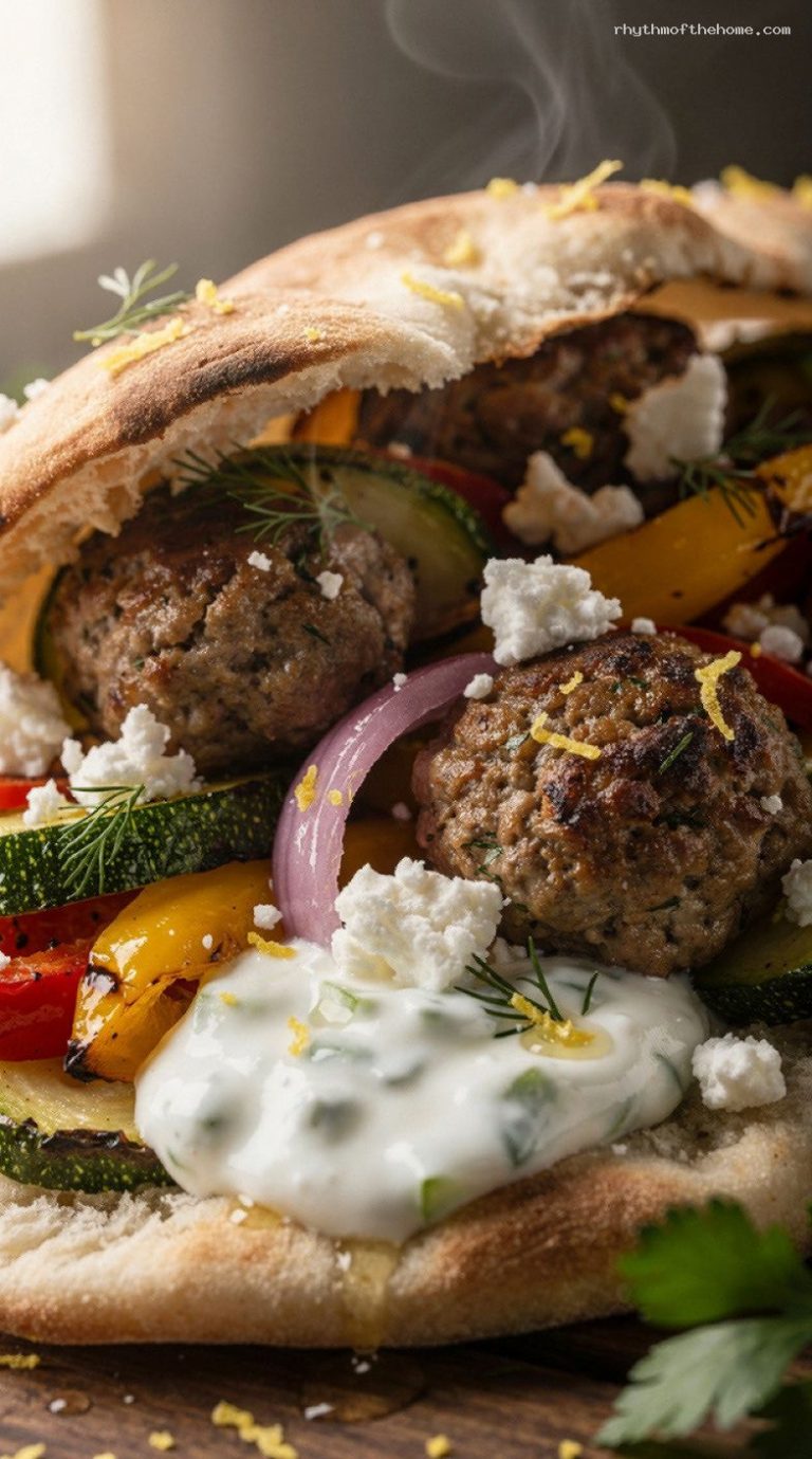 Greek Sheet-Pan Meatballs and Veggies in Pitas with Tzatziki – Rhythm ...